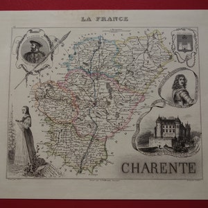 1856 CHARENTE Old Map of Charente Department Original Hand-colored ...