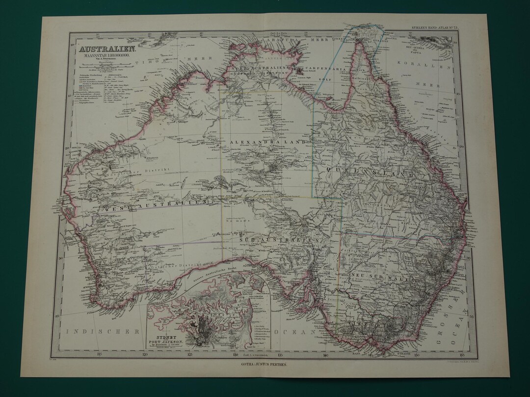 Australia Map LARGE 1885 Original Old Antique Poster Print of Sydney Port Jackson Detailed ...