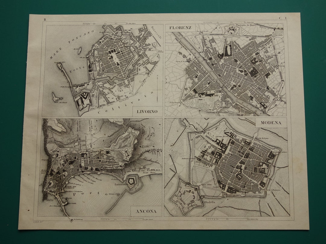 FLORENCE Old Map of Ancona Modena Livorno and Florence Original 170 ...