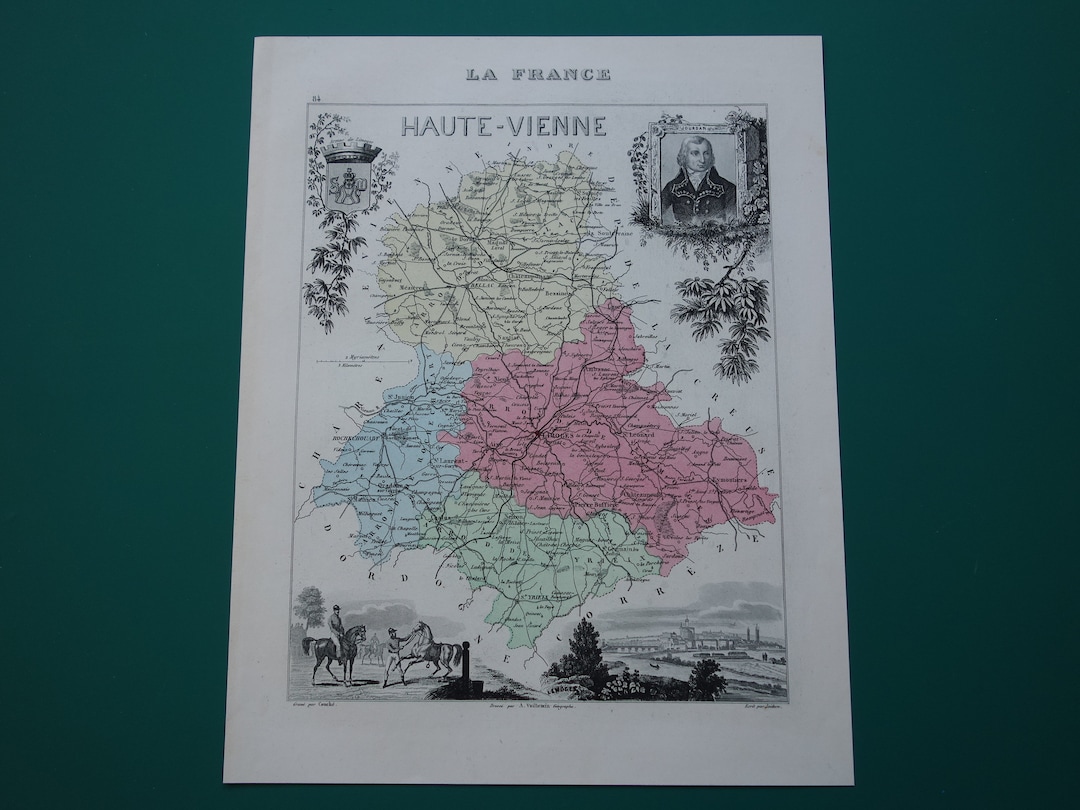 1872 Antique Map of Haute-vienne Department France Beautiful Old Hand ...