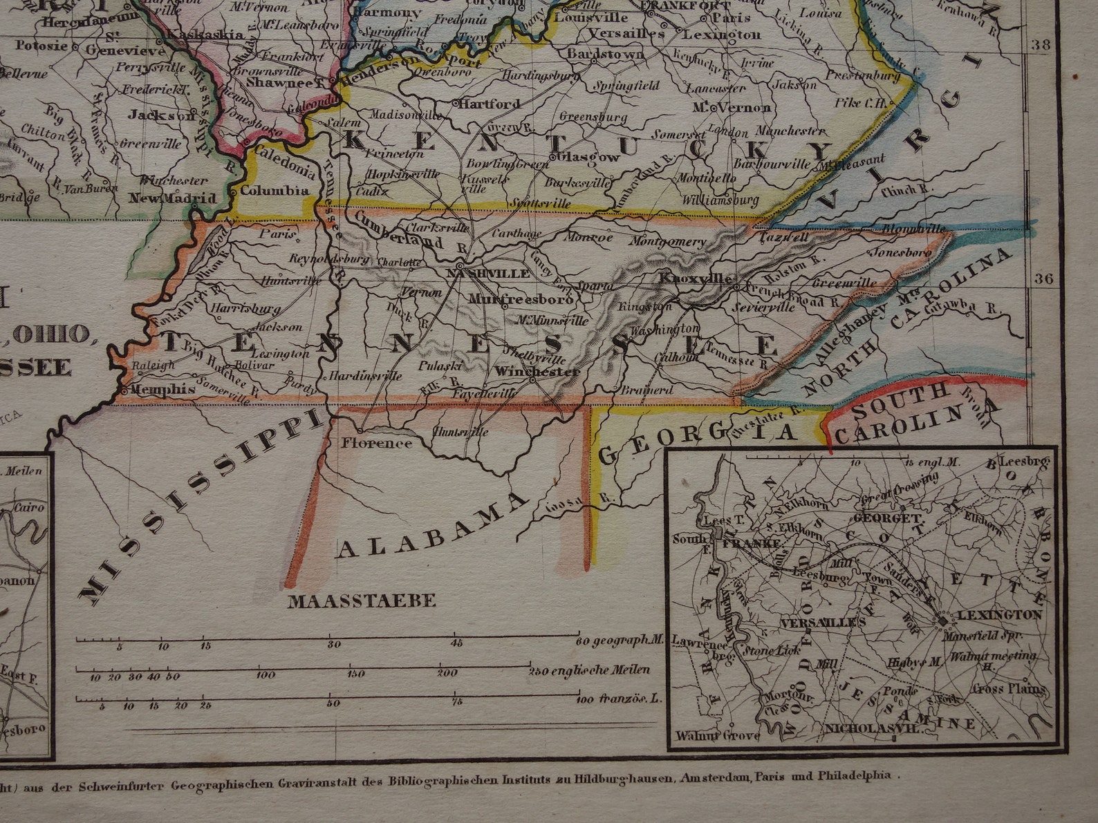 USA Old Map 1850 Hand Colored Antique Print of Michigan Ohio Tennessee ...