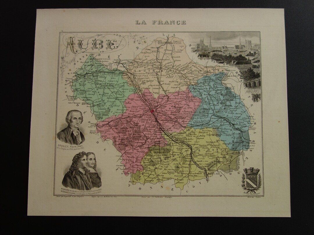AUBE Antique Map of Aube Department France Old Hand-colored Print ...