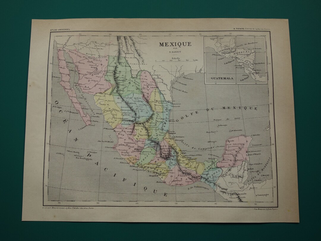 MEXICO Antique Map of Mexico 1877 Original French Hand Colored Print ...