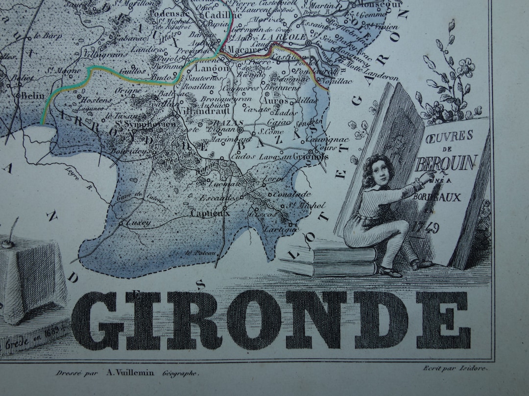 1851 Old Map of Gironde Department France - Beautiful Antique Hand ...