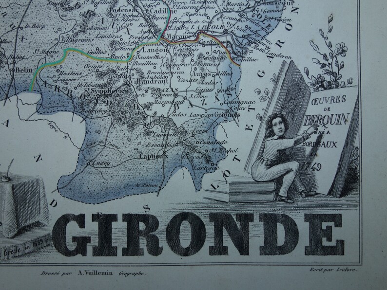 1851 Old Map of Gironde Department France - Beautiful Antique Hand ...