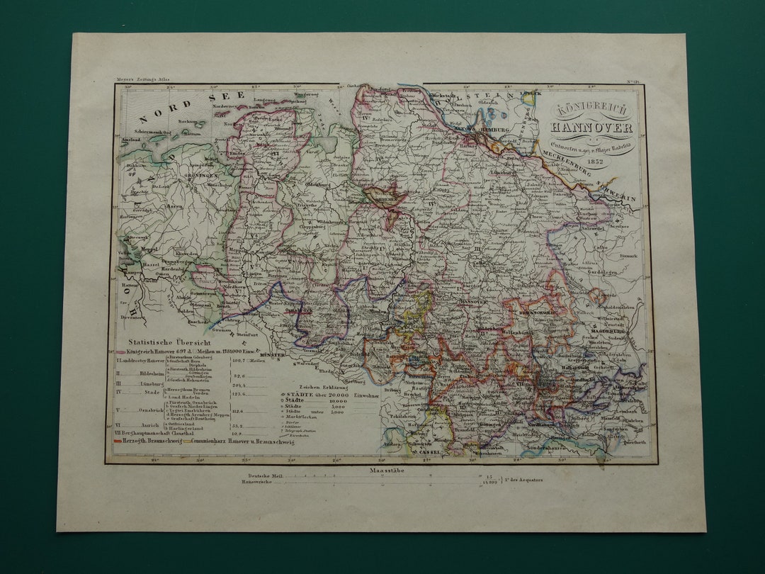 HANNOVER Old Map of Hanover Kingdom 1852 Original Antique German Print ...