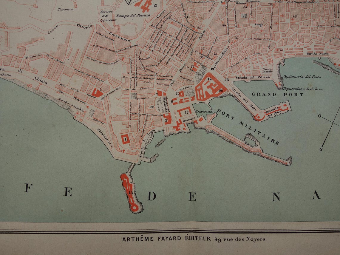 NAPLES Old Map of Naples Italy 1878 Beautiful Large Original Antique ...