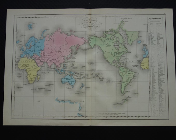 Old World Map Voyages of Discovery 1859 Original Antique French Print ...