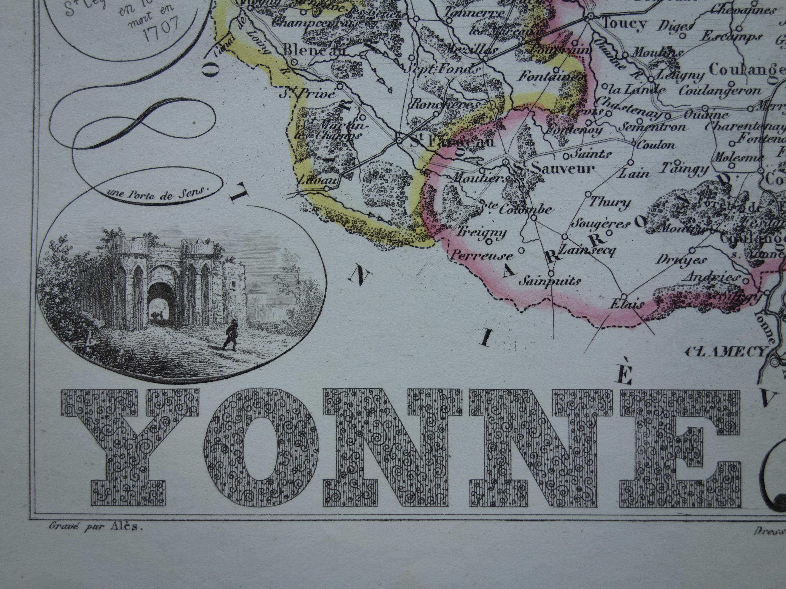 1856 YONNE Old Map of Yonne France Original Antique Print About Auxerre ...