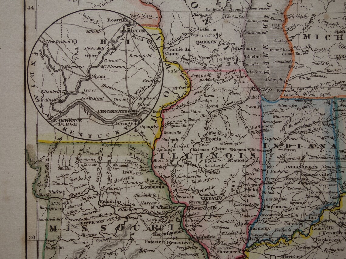USA Old Map 1850 Hand Colored Antique Print of Michigan Ohio Tennessee ...