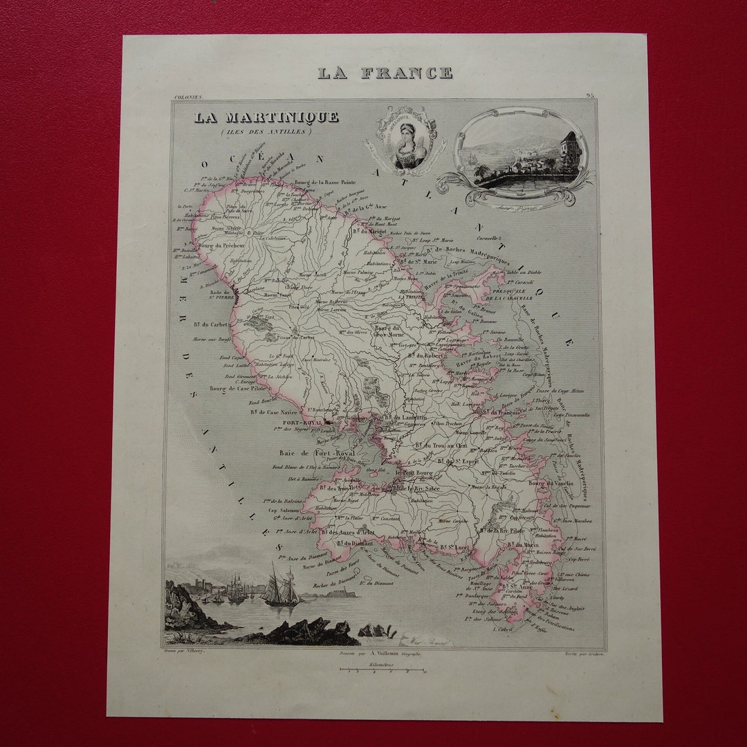 1856 Old Map of Martinique Antilles Hand-colored Antique Print île De ...