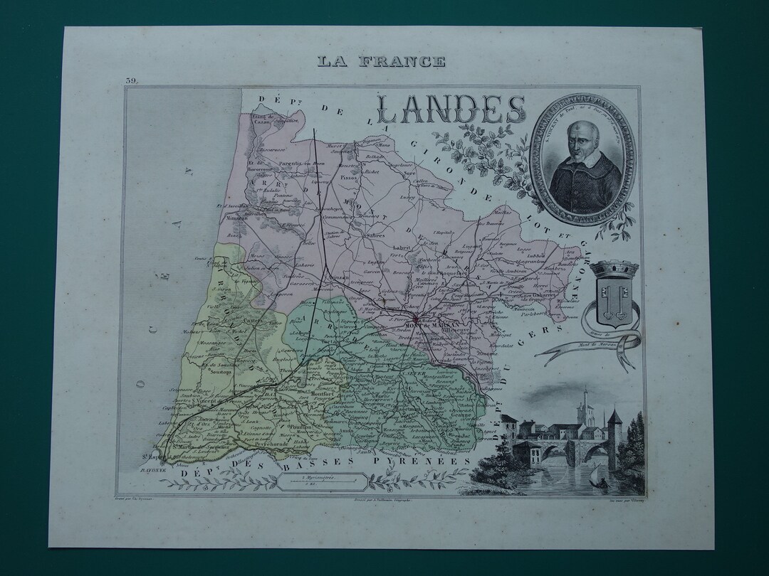 LANDES Old Map of Landes Departement 1870 Beautiful Antique - Etsy