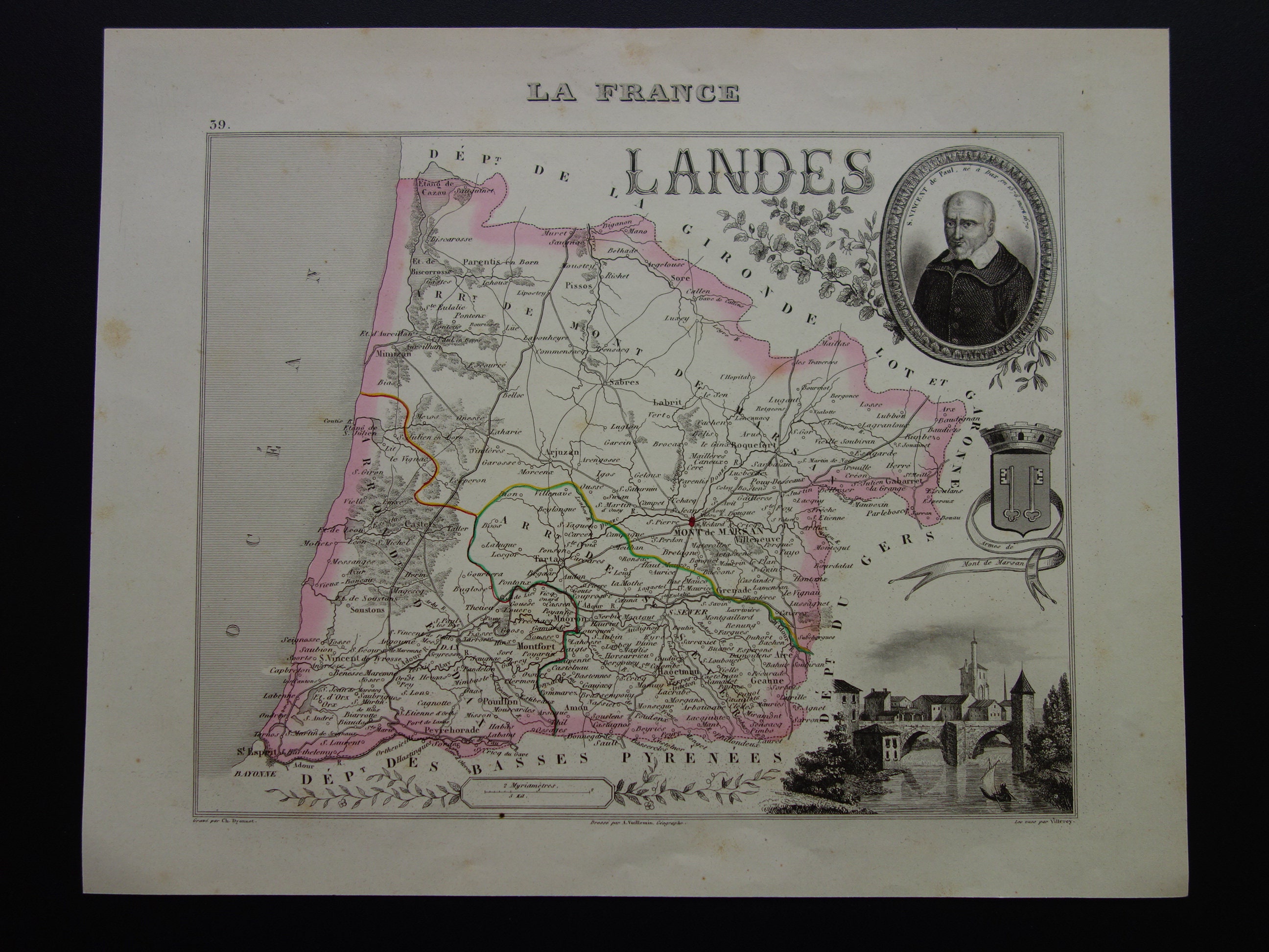LANDES old map of Landes departement 1851 beautiful antique | Etsy