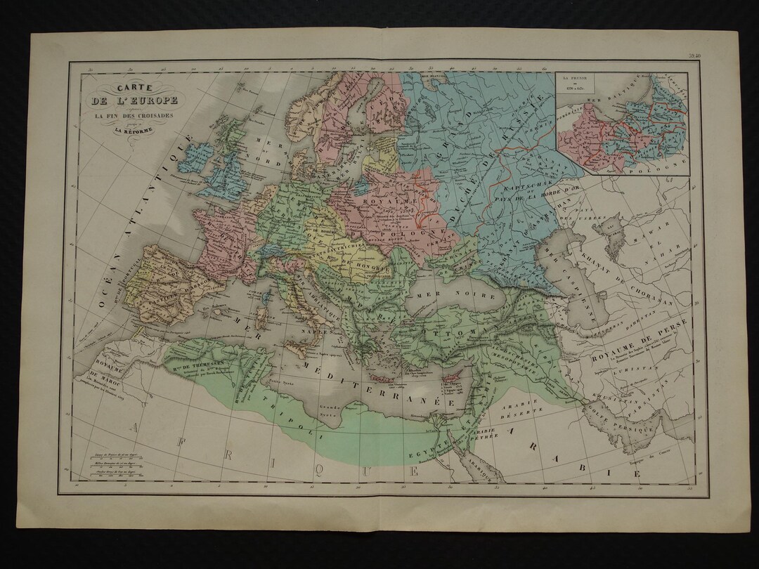 EUROPE Old History Map of Europe North Africa and Middle East in 14th ...
