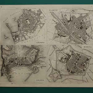 FLORENCE Old Map of Ancona Modena Livorno and Florence Original 170 ...