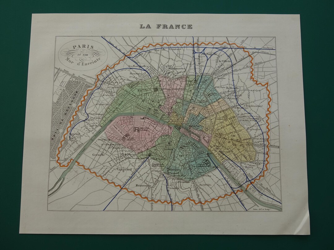 Ancienne carte de Paris de Paris, France Plan original de 1856 de la ...