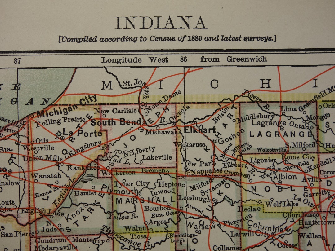 INDIANA Old Map 1881 Original Antique Print State of IN USA - Vintage ...