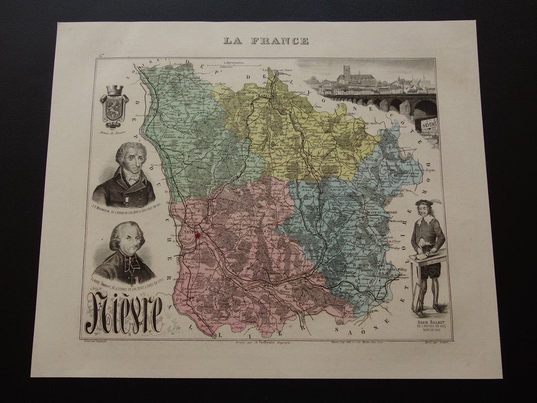 NIEVRE Antique Map of Nièvre Department France 1882 Beautiful Old Hand ...