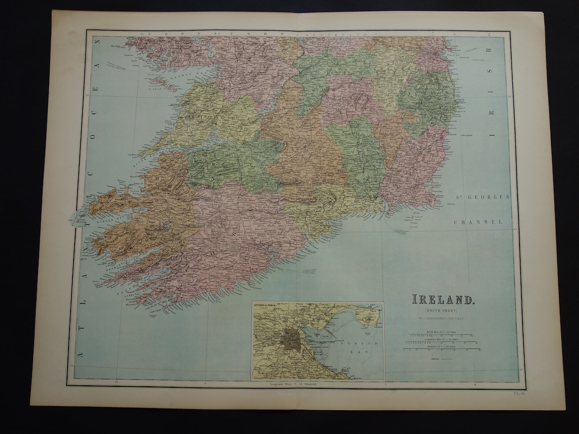 IRELAND Antique Map LARGE Original Old Poster of Southern | Etsy