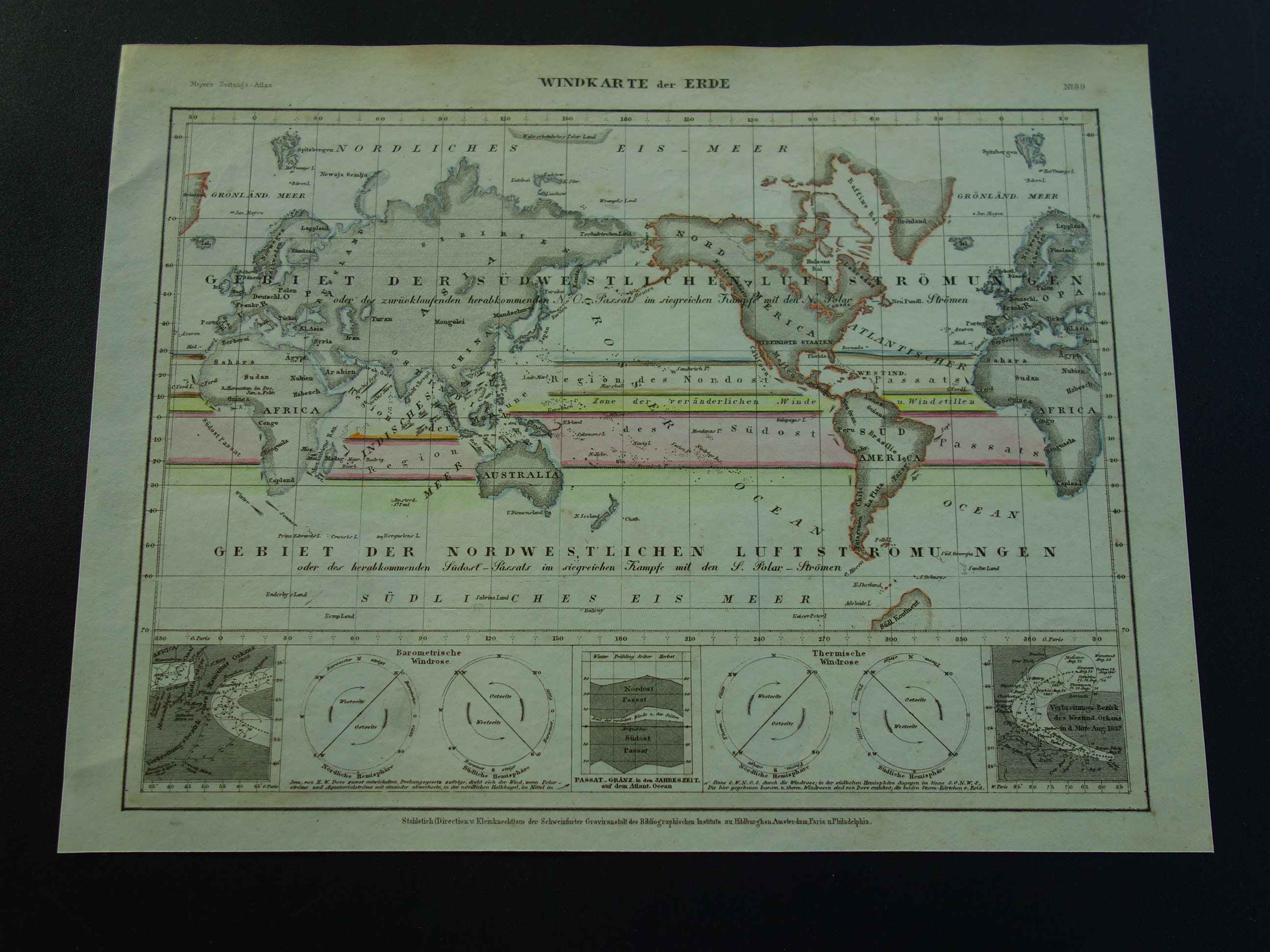 WORLD MAP of Wind 1850 Original Old Hand Colored Print About | Etsy