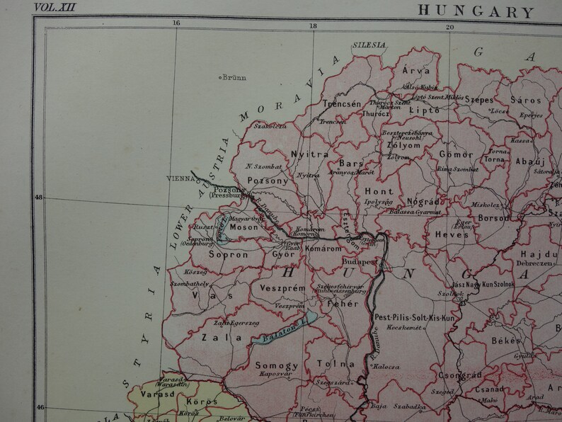 HUNGARY Old Map of Hungary - Lovely 1881 Antique Print Dominions About ...