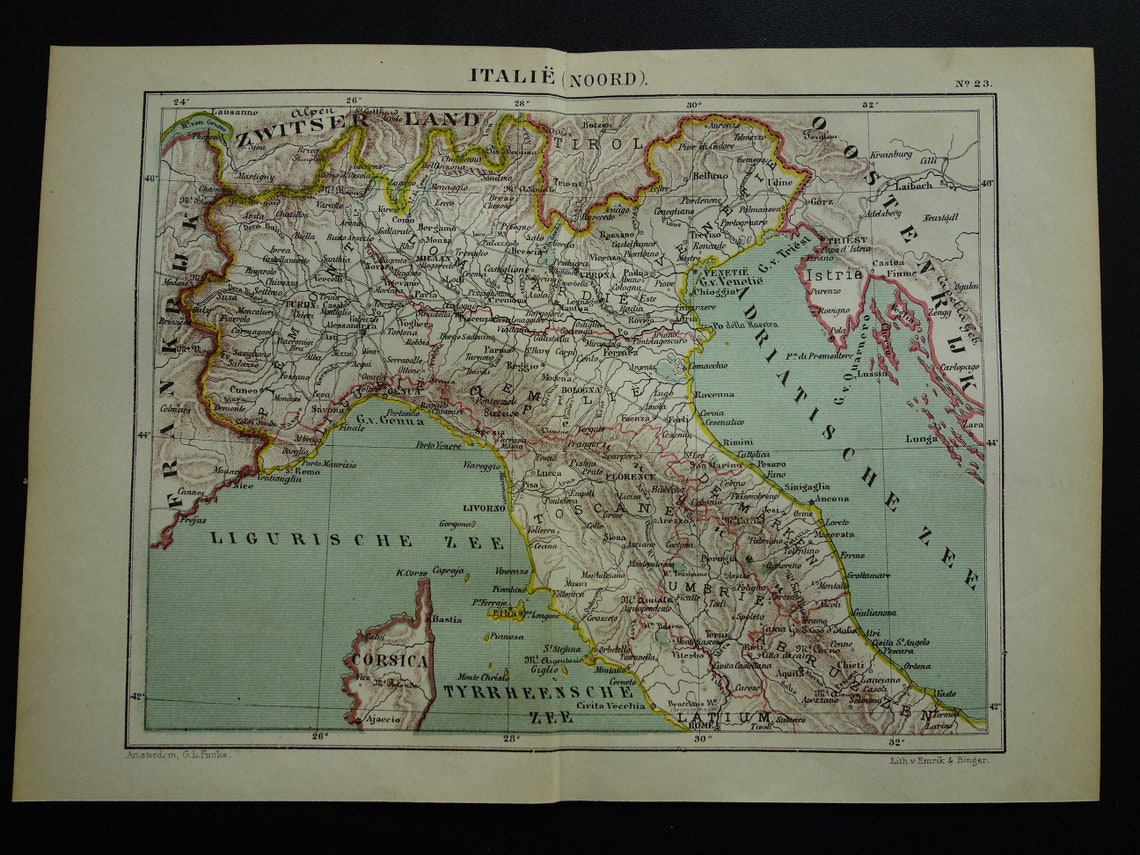 ITALY Old Map of Northern Italy 1880 Original Detailed Dutch - Etsy