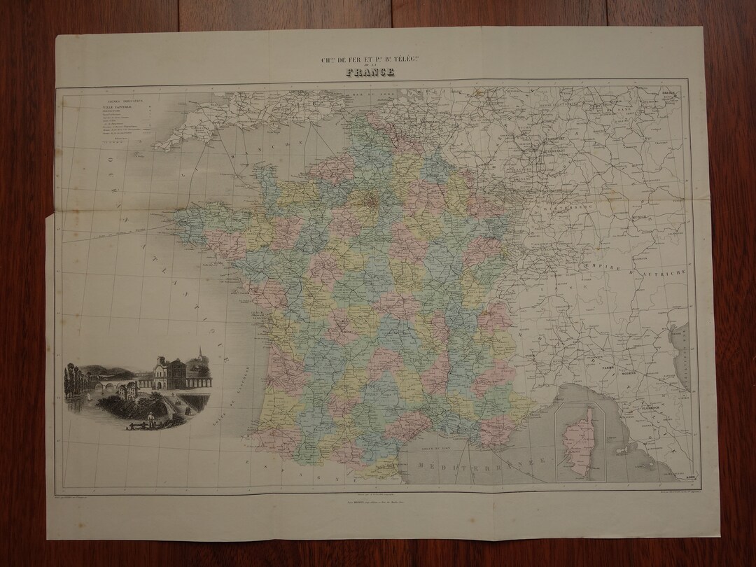 FRANCE Large Old Map 1883 Original Antique Poster of France Alsace ...