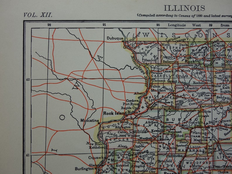 ILLINOIS Old Map of Illinois USA - Beautiful 1881 Original Antique ...