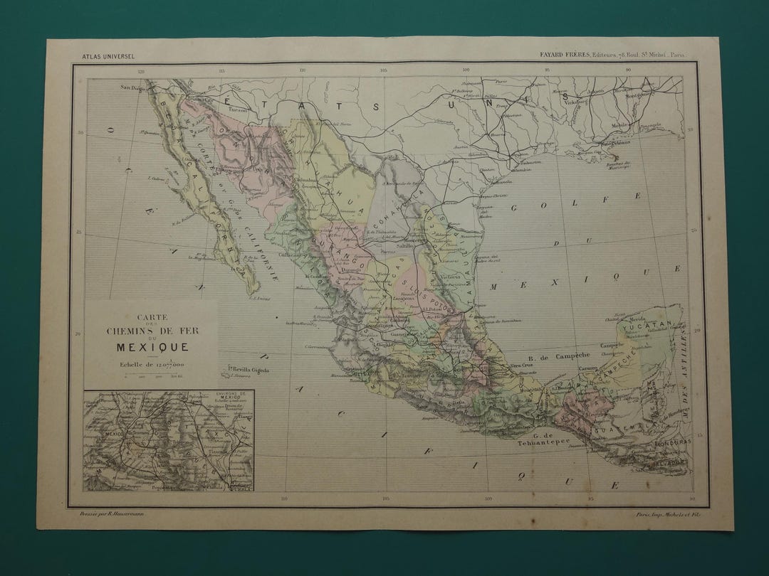 MEXICO Old Map of Mexico 1896 Original Antique French Hand-colored ...
