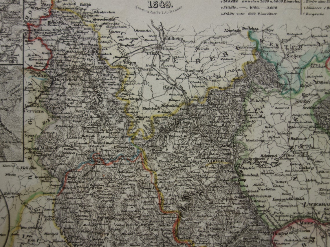 GERMANY Old Map 1849 Original Hand Colored Antique Print of Koblenz ...