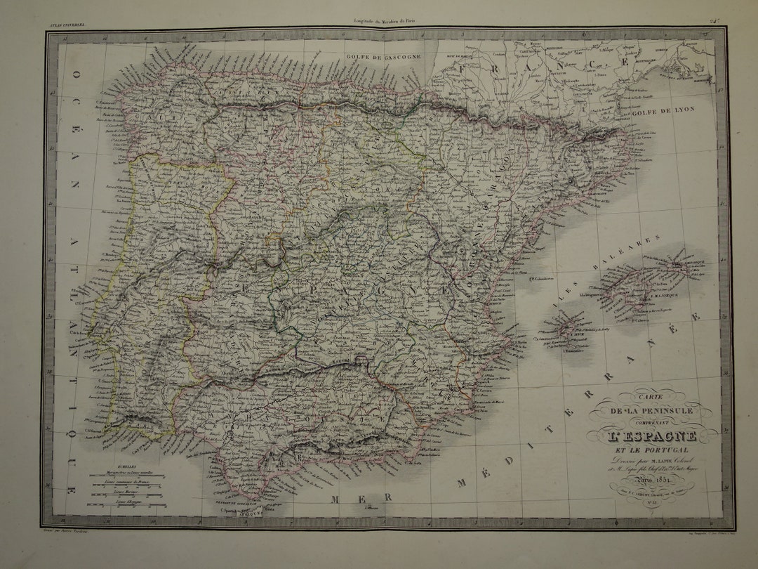 Old SPAIN Map LARGE 1851 Original Antique Poster of Spain and Portugal ...