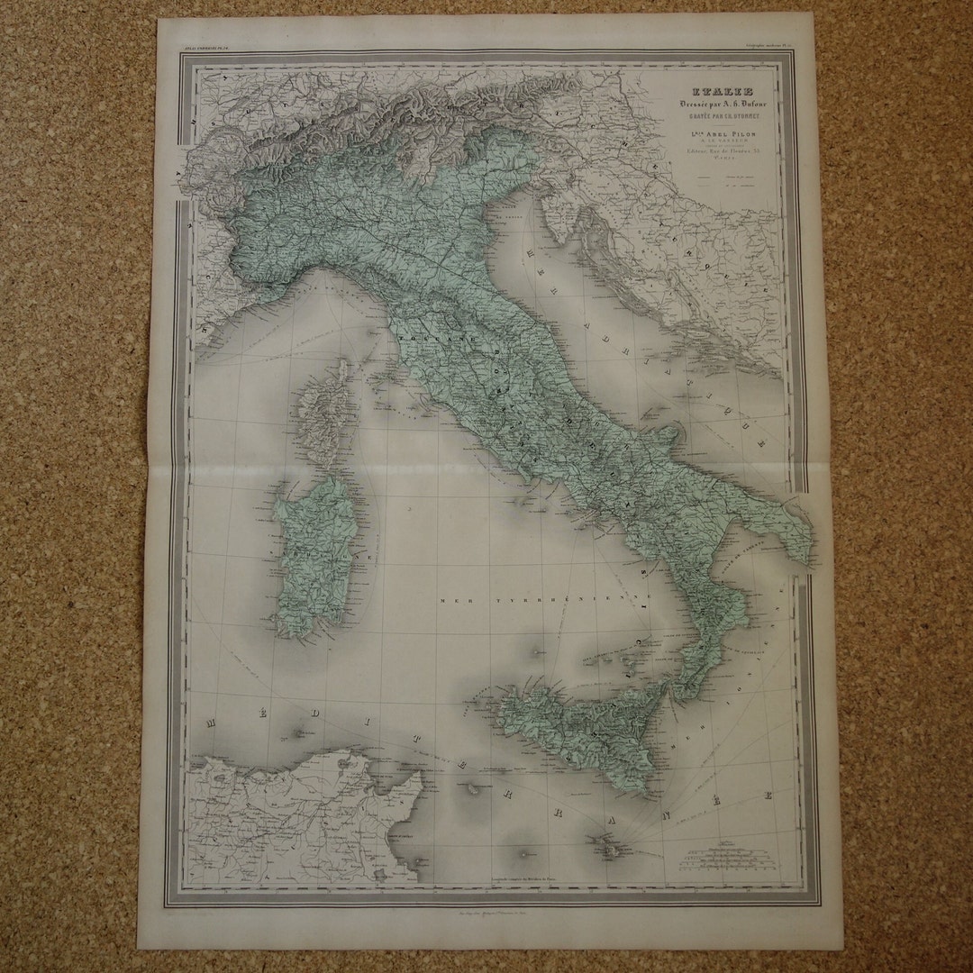 1886 ITALY Old Map of Italy Beautiful Large Antique Print Rome Sicily ...