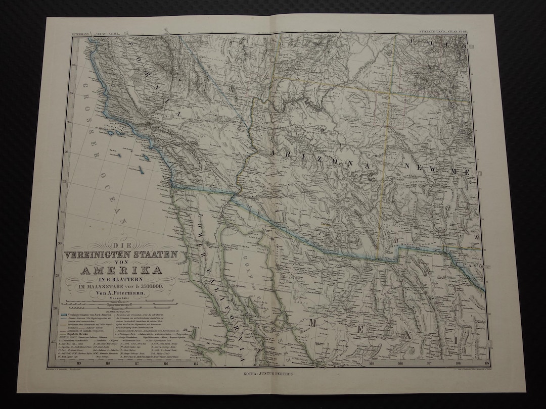 CALIFORNIA ARIZONA Antique Map LARGE 1881 Original Old Poster of Los ...