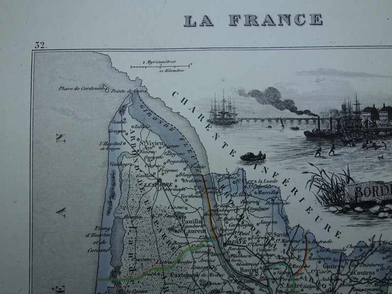 1851 Old Map of Gironde Department France - Beautiful Antique Hand ...