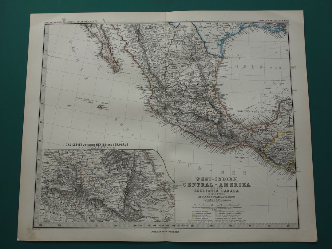 Mexico Antique Map of Mexico Original 135+ Years Old Print Poster of ...