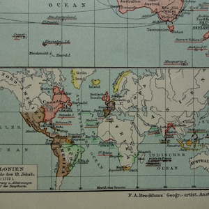 WORLDMAP Old Map of the World 1908 Lovely Antique German Colonial Map ...