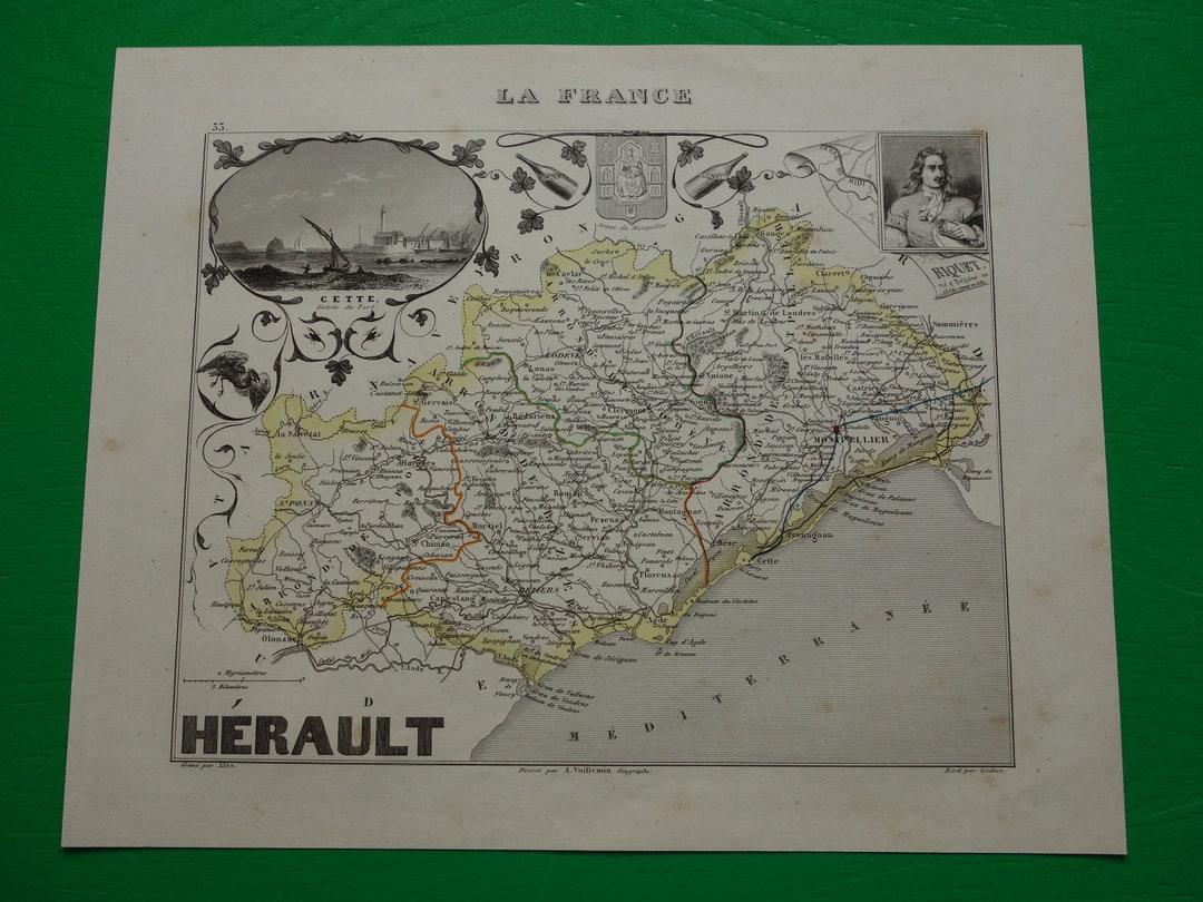 1851 Antique Map of Hérault Department France Beautiful Old Hand ...