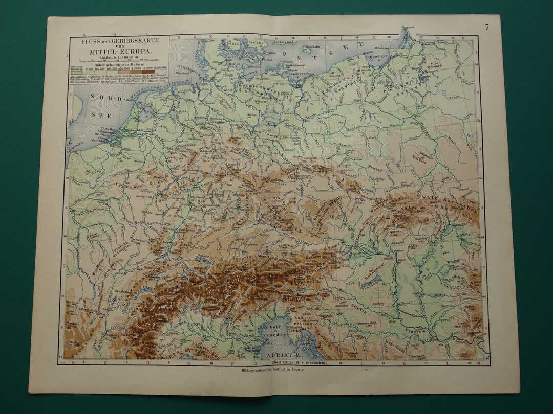 Old Height and River Map of Europe 1905 Original Antique Print Rivers ...