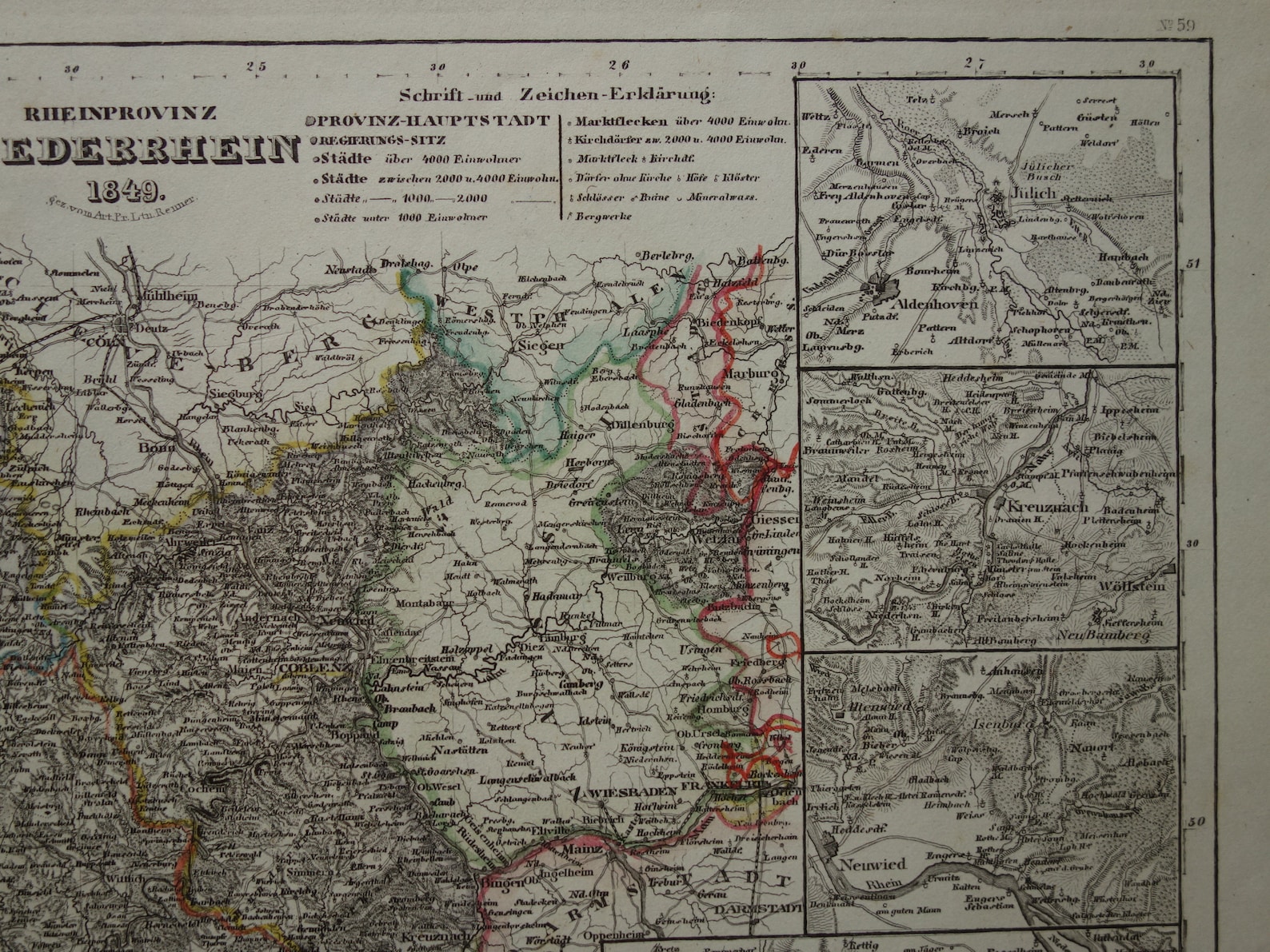 GERMANY Old Map 1849 Original Hand Colored Antique Print of Koblenz ...
