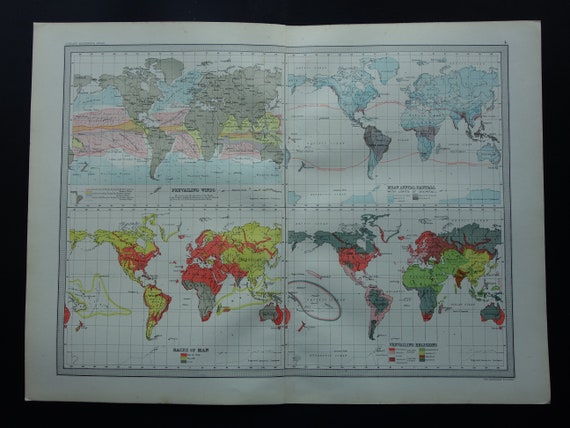 LARGE Old WORLD Map WEATHER Original 1890 Antique Set of 2 - Etsy