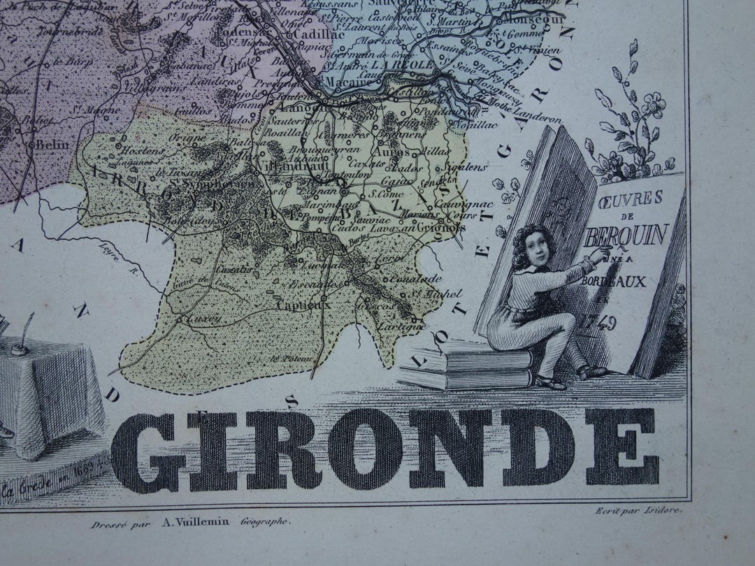 1870 Antique Map of Gironde Departement France - Beautiful Old Hand ...