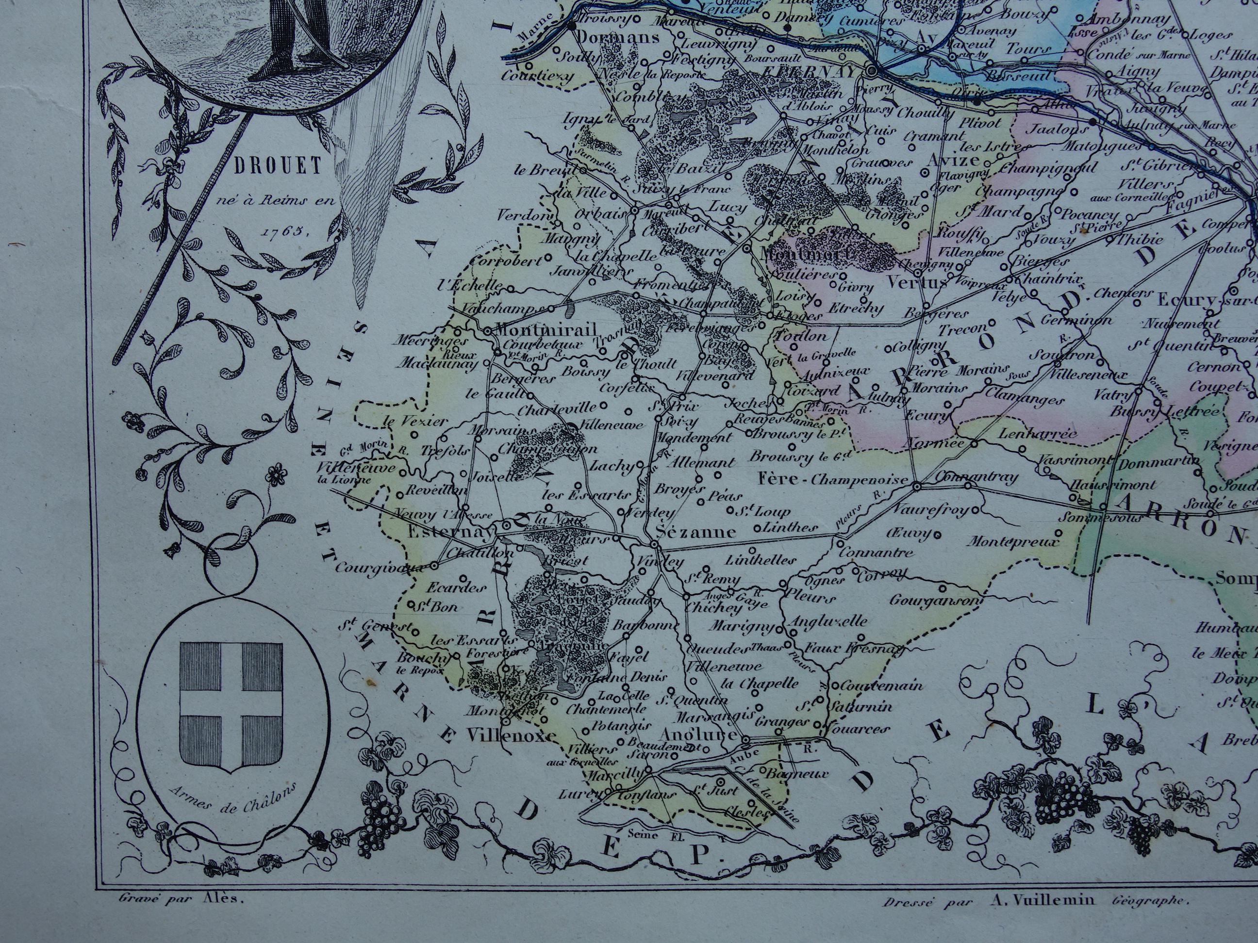 165+ Years Old Map of MARNE Department France 1856 Beautiful Original ...