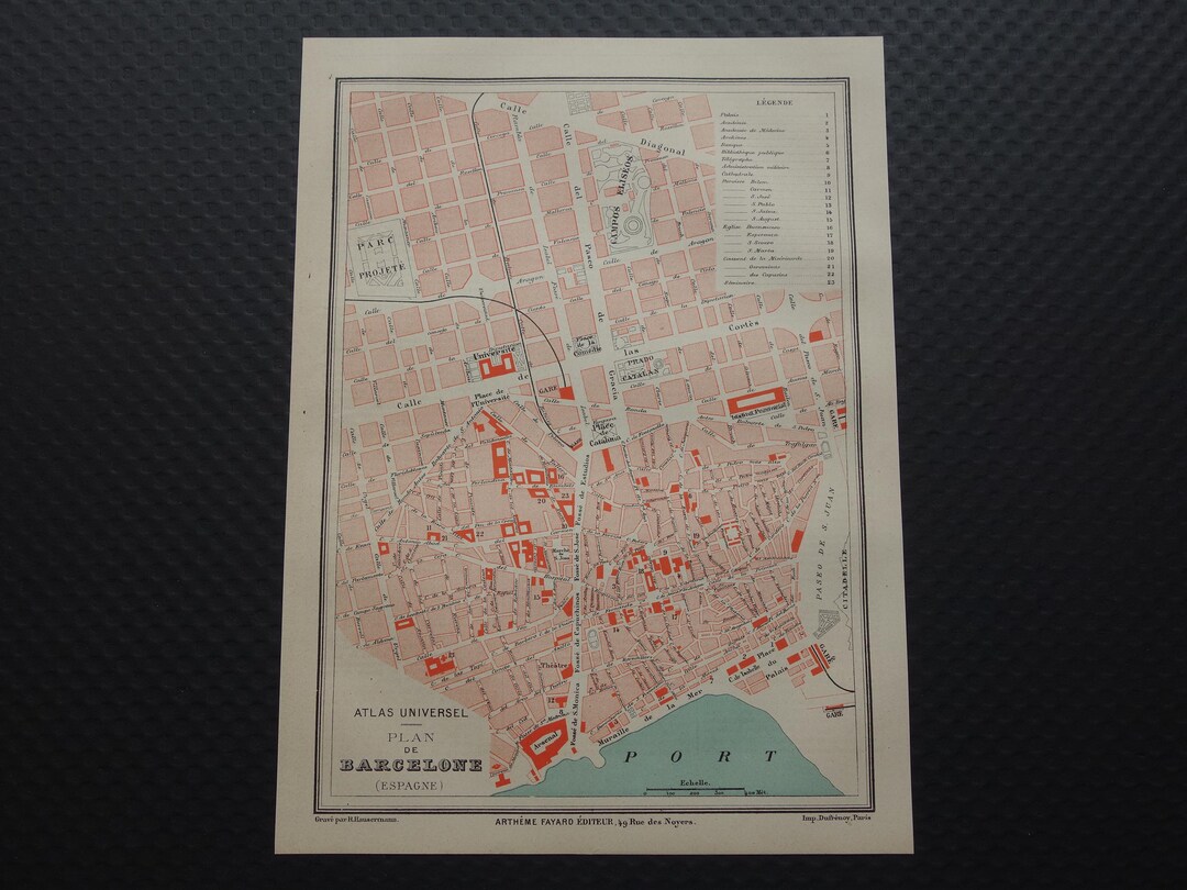 1877 BARCELONA Old Map of Barcelona - Original Antique City Plan ...
