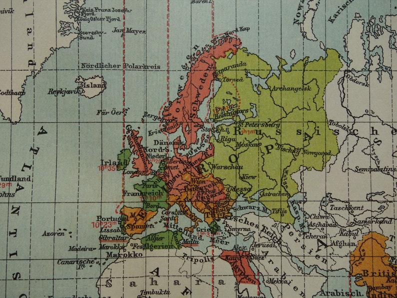 Vintage World Map of Time Zones 1909 Original Antique German - Etsy