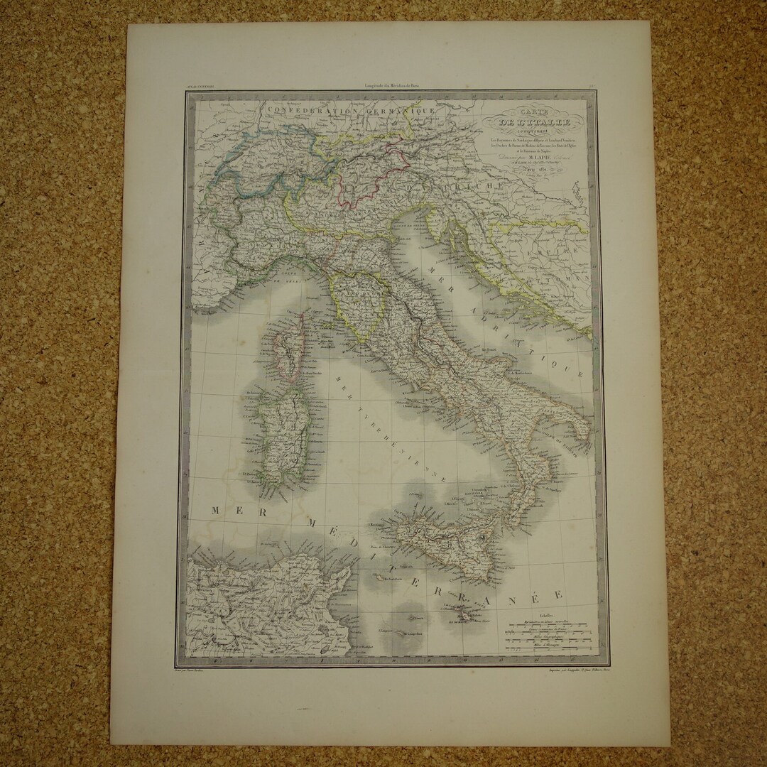 Old ITALY Map LARGE 1851 Original Antique Poster of Italy Vintage Maps ...