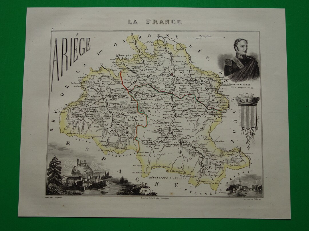 1851 Antique Map of Ariège Departement France Beautiful Old Hand ...