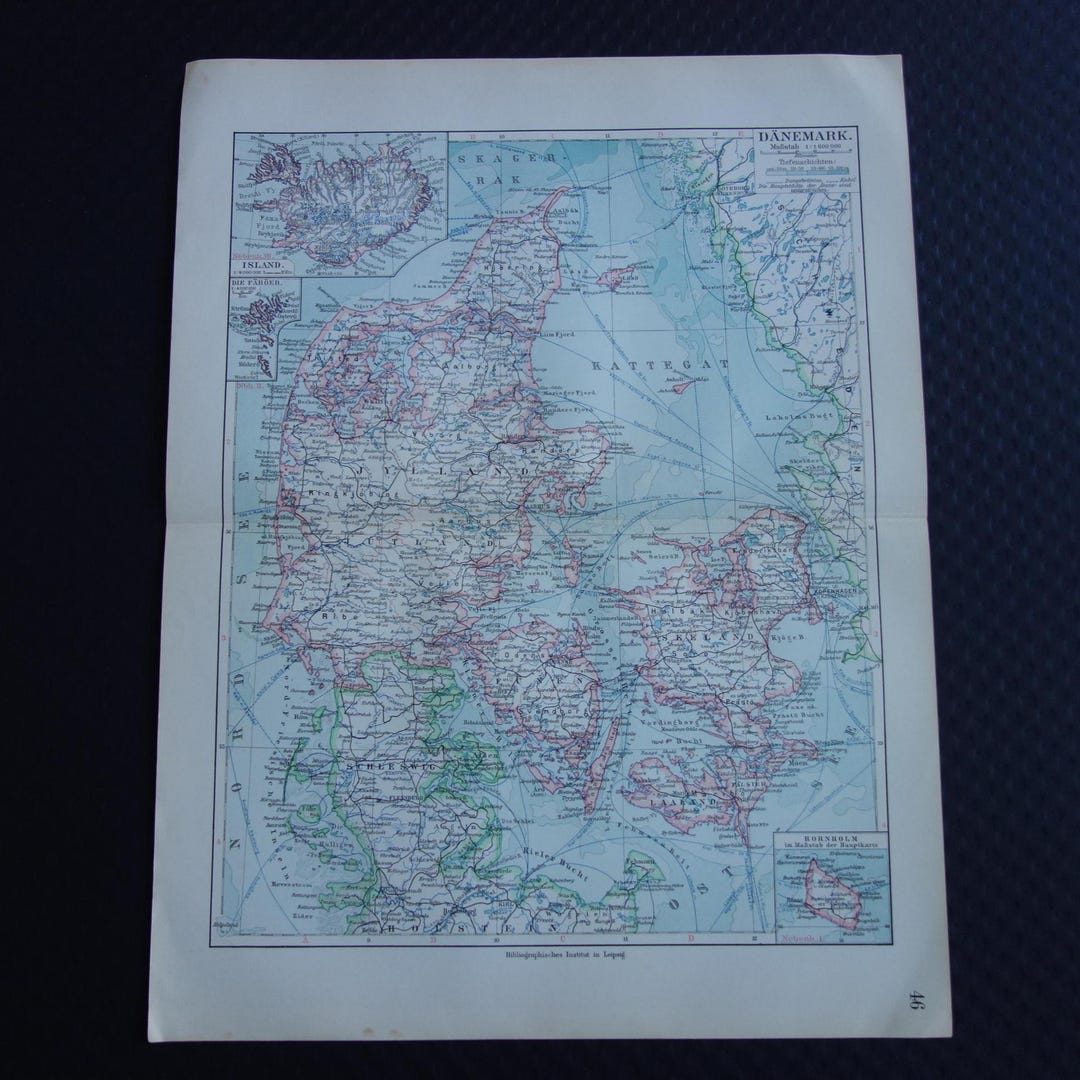 DENMARK Original 110+ Years Old Map of Denmark 1913 Antique Detailed ...