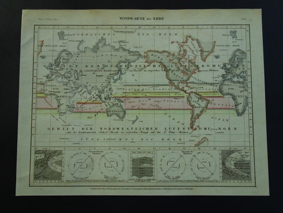 WORLD MAP of Wind 1850 Original Old Hand Colored Print About | Etsy