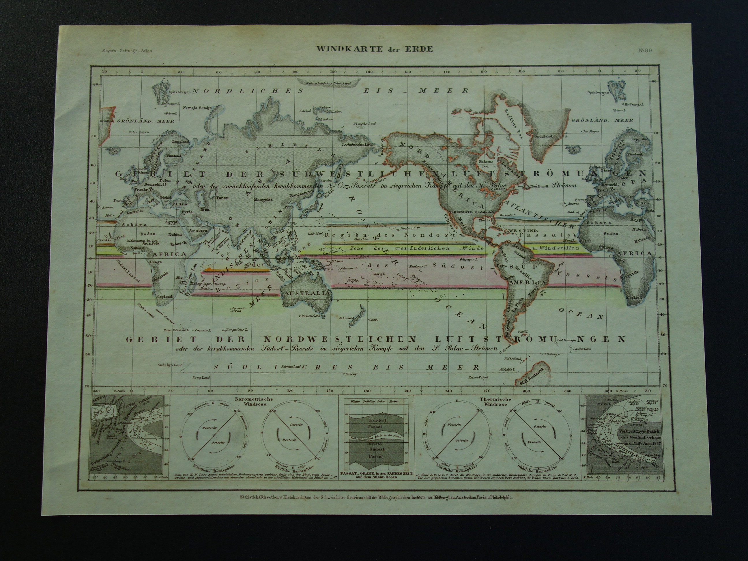 WORLD MAP of Wind 1850 Original Old Hand Colored Print About | Etsy