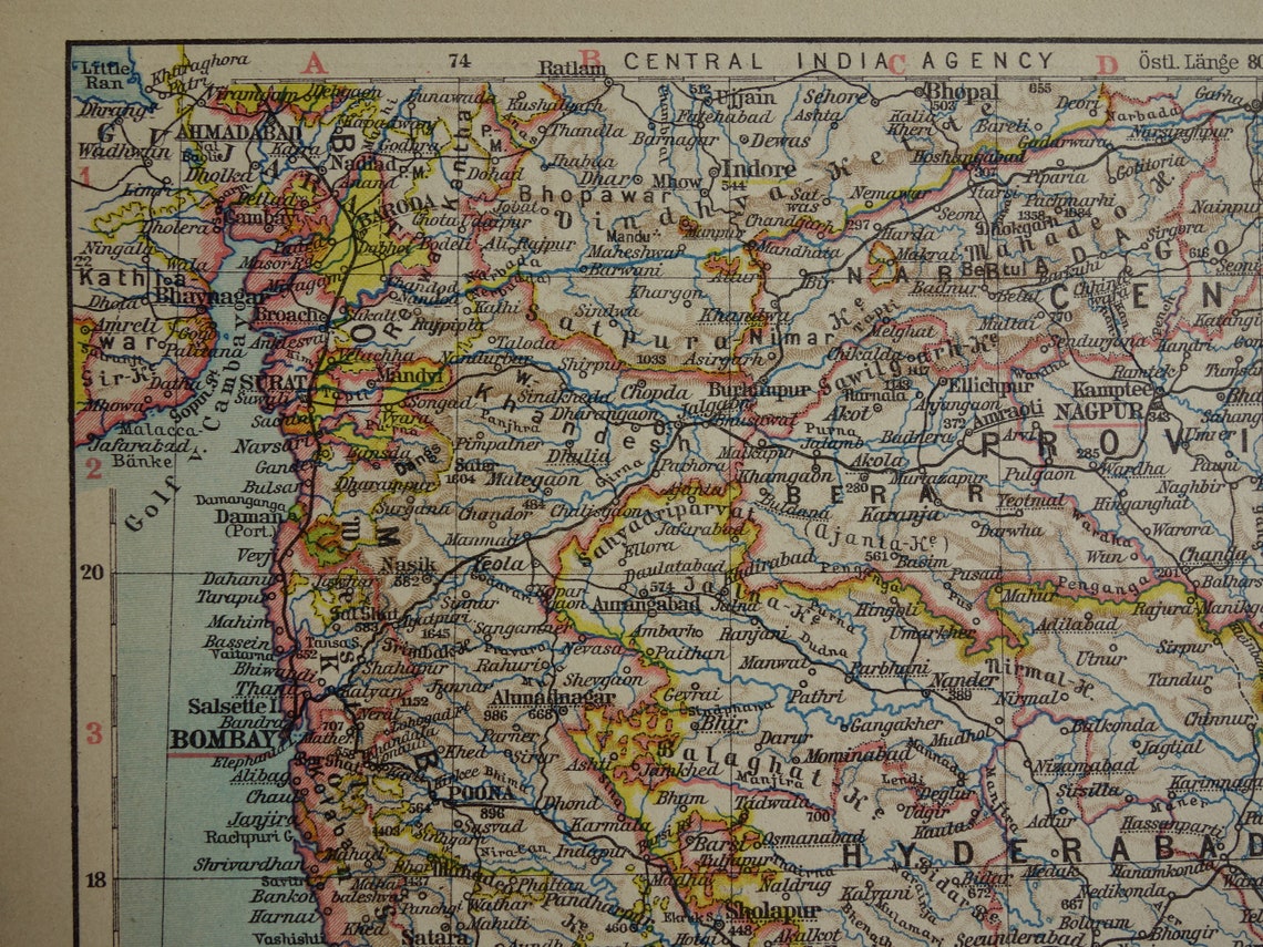 Old Map of India 1931 Antique German Print About Southern India Madras ...